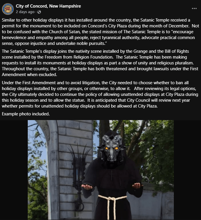 Satanic Temple Puts Up Display Outside NH State House | The Maine Anchor